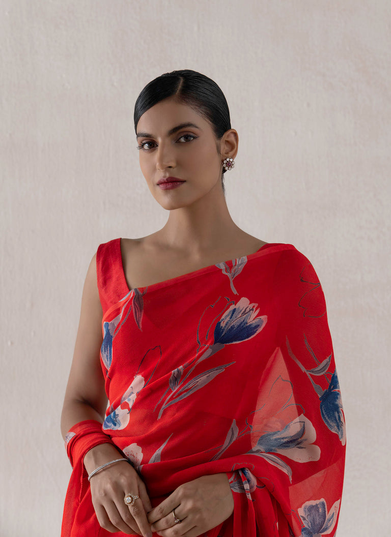 Ruby Reverie – Ruby Floral Pure Silk Chiffon | Vichitra – Vichitra Sarees